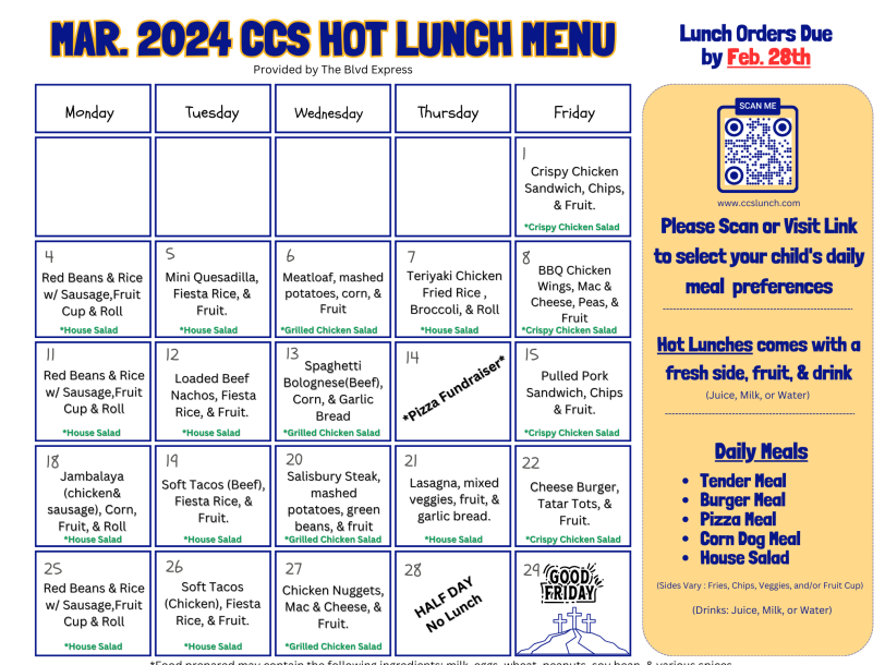 Hot Lunch Menu – CCS LUNCH | THE BLVD EXPRESS